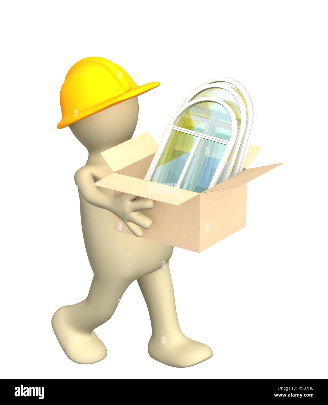 3d builder bearing a box with windows in hands Stock Photo - Alamy