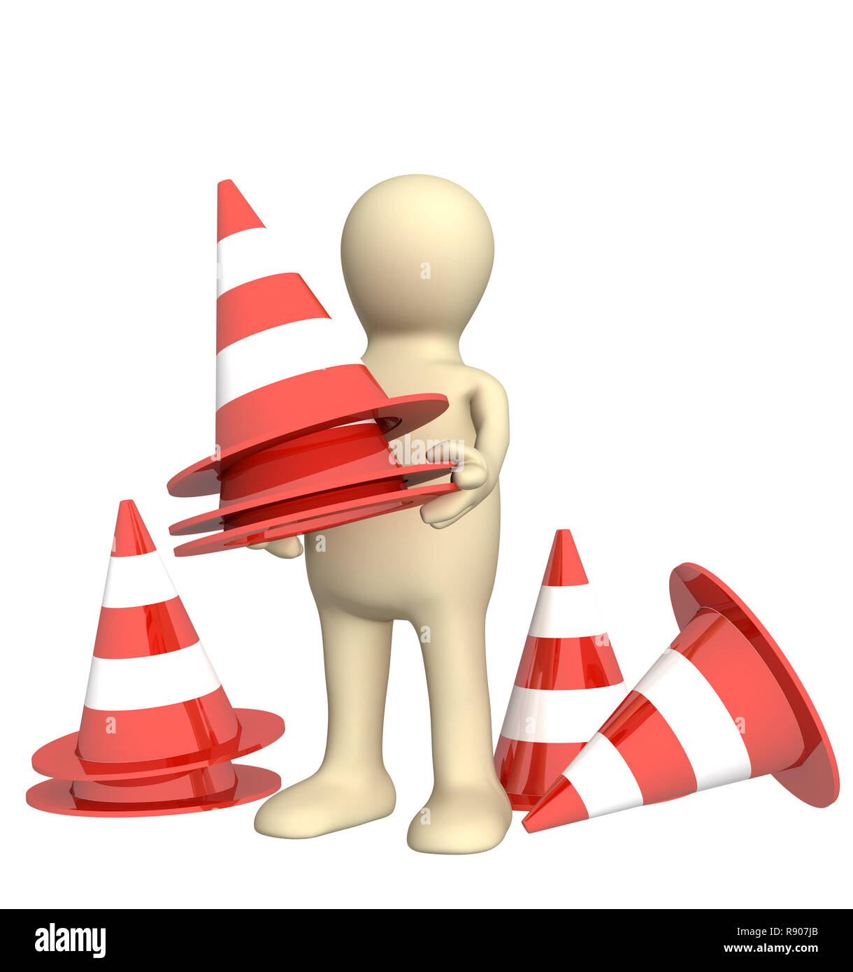 3d puppet with emergency cones. Objects over white Stock Photo - Alamy