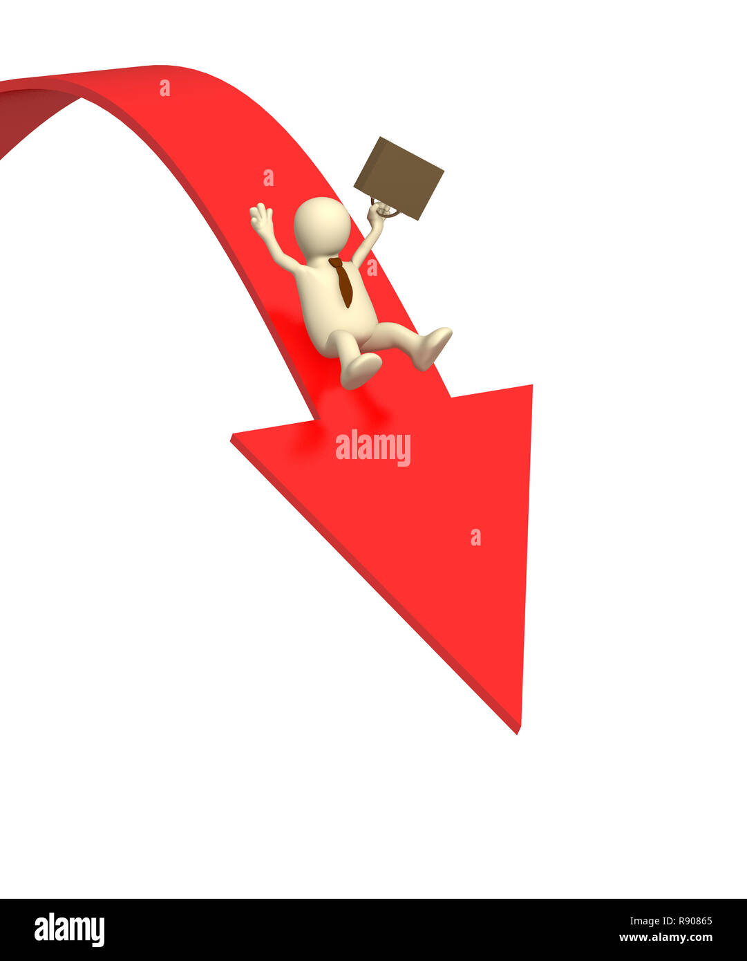 3d businessman - puppet, sliding downwards on an arrow Stock Photo - Alamy