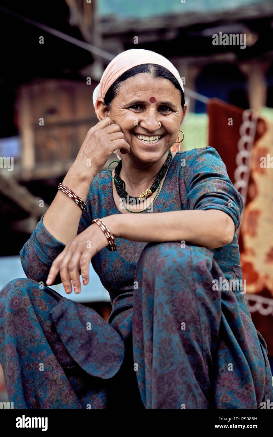 Naggar (Kullu Valley), North India - July 2013. Rural Indian woman ...