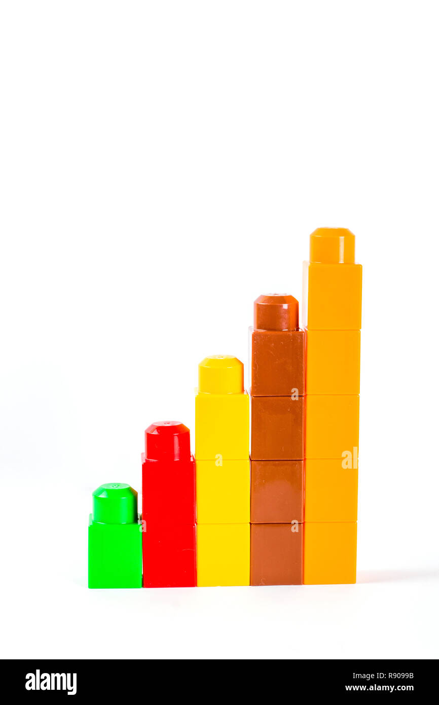 Coloured plastic building blocks, making a stair, isolated on white ...