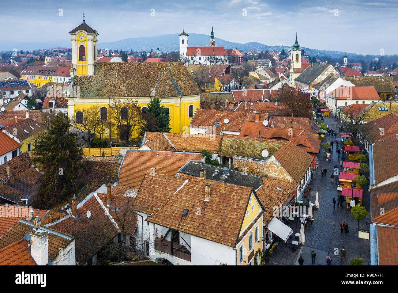 Szentendre, Hungary - Aerial skyline view of high-street Christmas ...