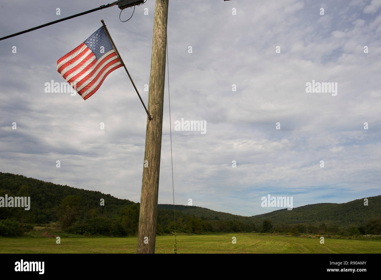 American flag and telephone pole in a field near Roscoe, New York USA ...