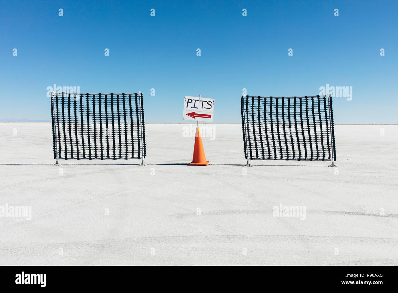 PITS sign and arrow marking race course on the Salt Flats Stock Photo ...