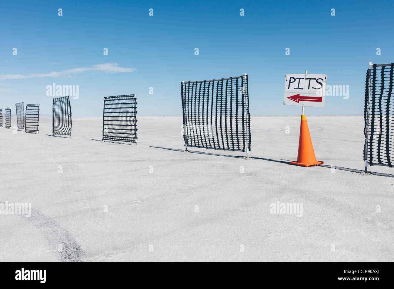 PITS sign and arrow marking race course on the Salt Flats Stock Photo ...