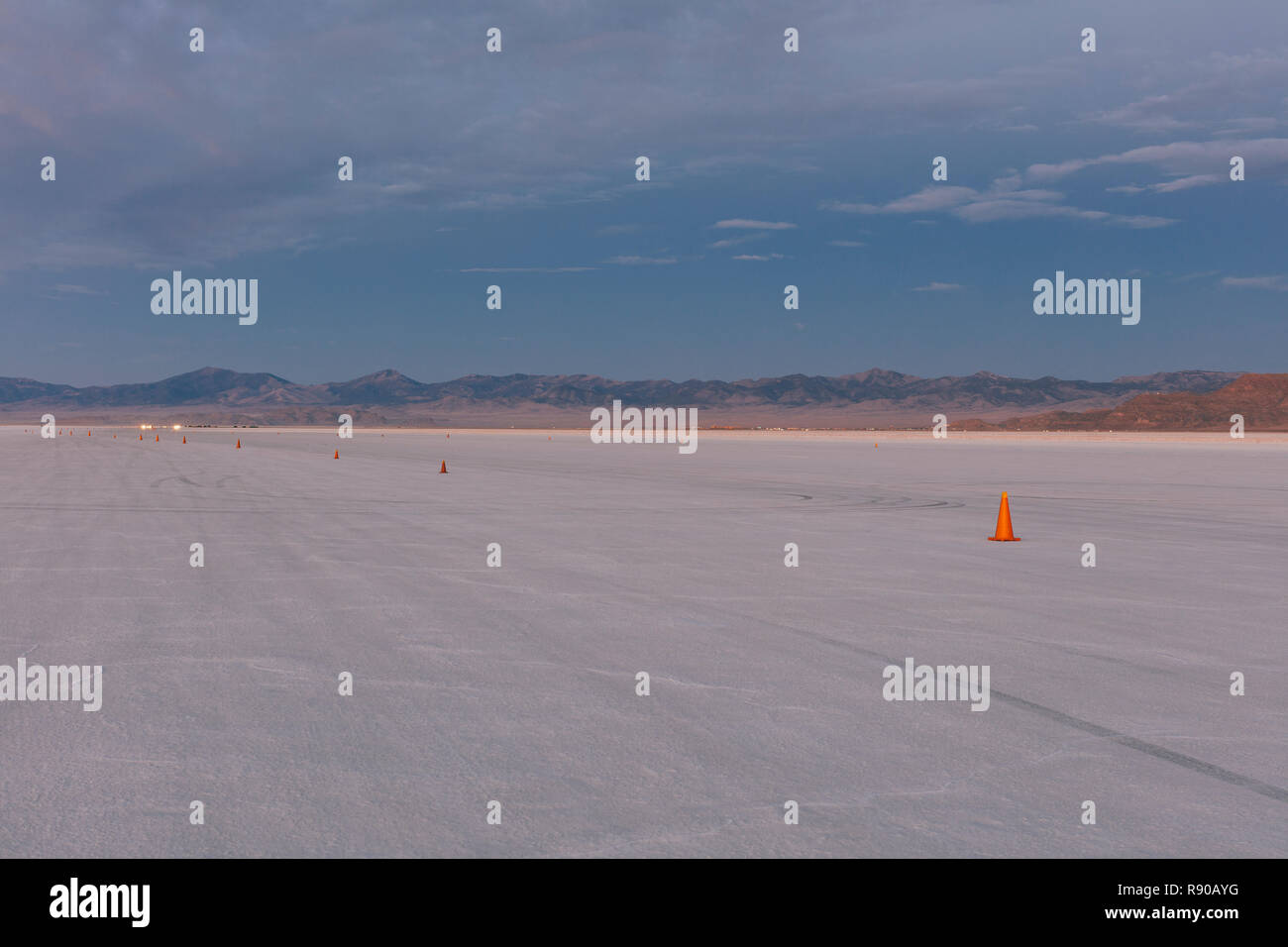 Salt Flats at dawn, race cars in the distant Stock Photo - Alamy