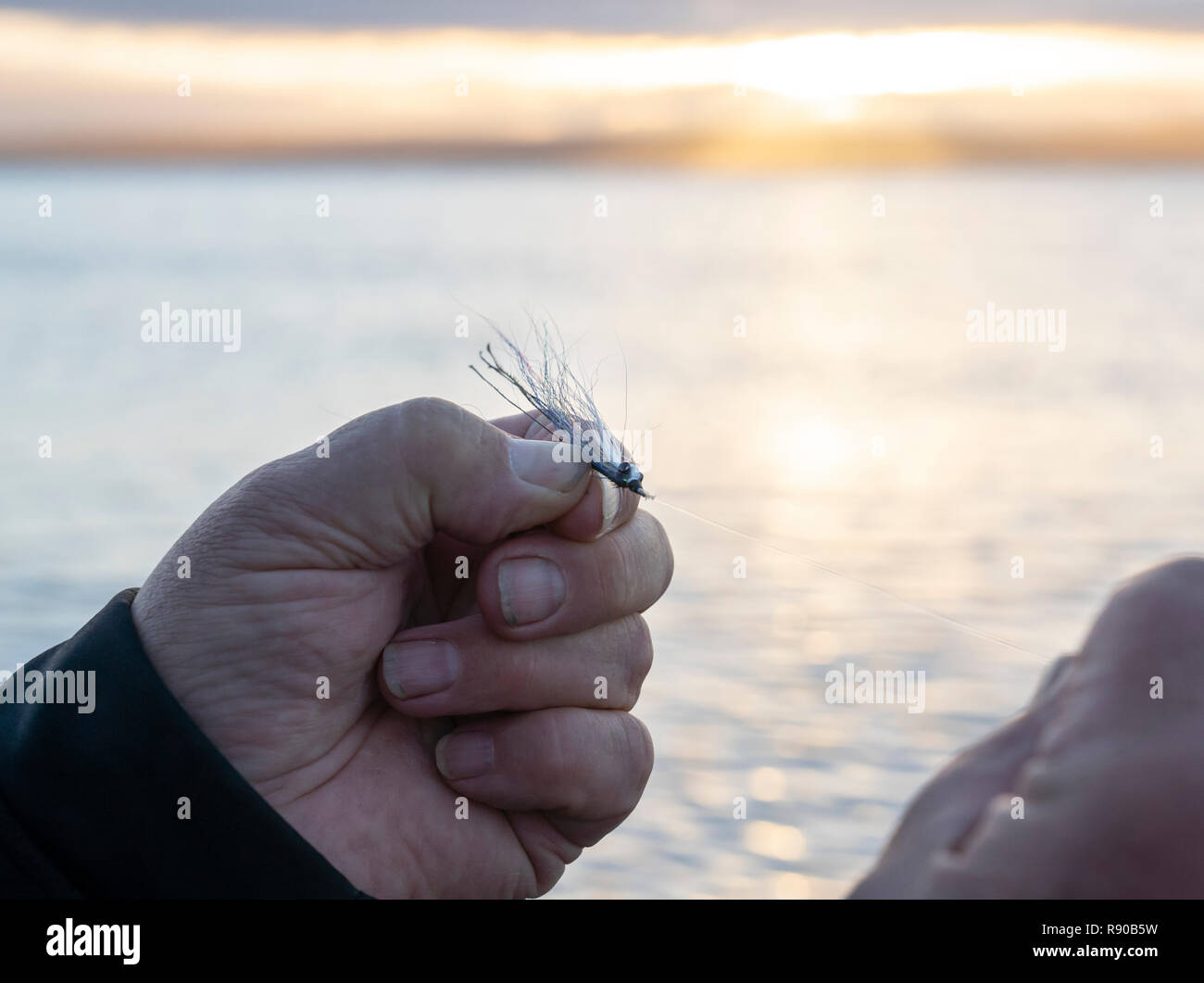 A close up of a fly fisherman tying a new fly onto his line in ...