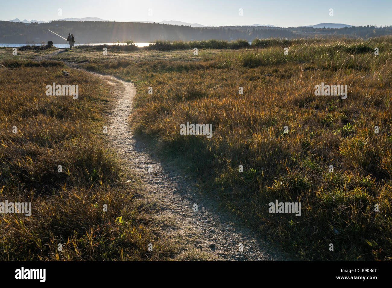 Two fly fisherman on a well worn trail to a salt water beach in ...