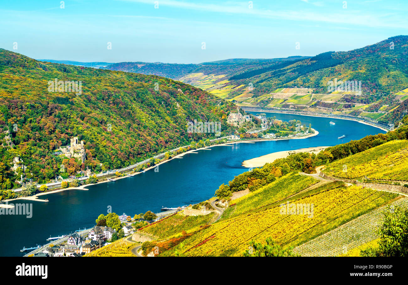 View of the Rhine Gorge with Rheinstein and Reichenstein Castles in ...