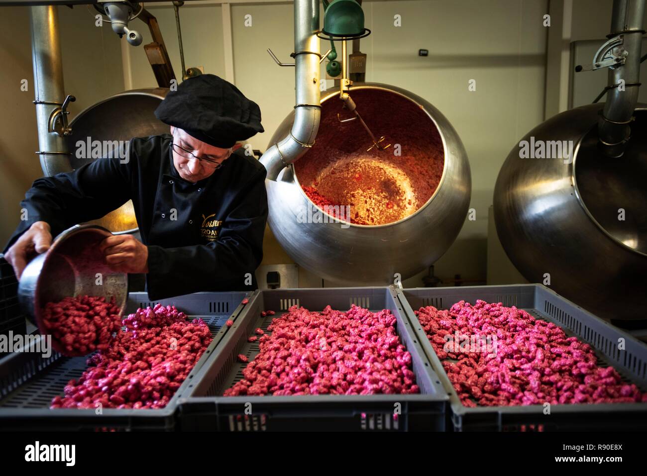 France, Rhone, Lyon, chocolate factory Voisin, pralines production ...