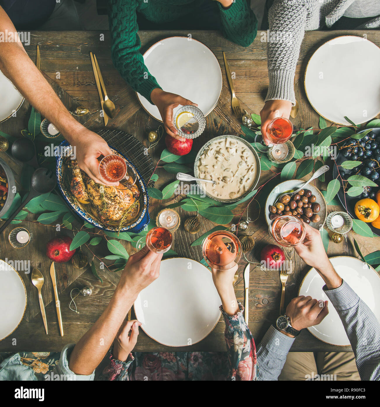 Traditional Christmas, New Year holiday celebration party. Flat-lay of ...