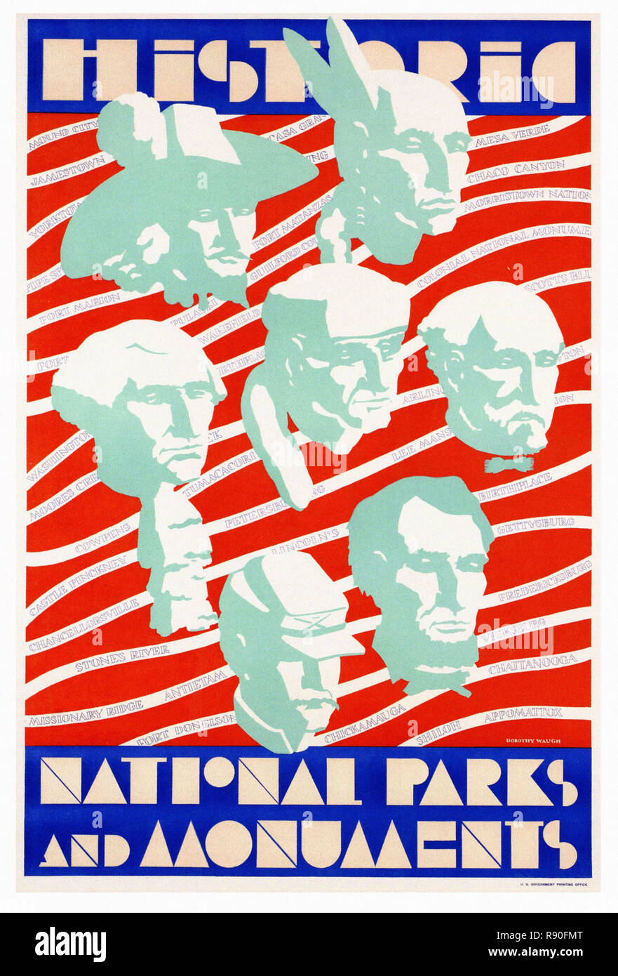 Historic National Parks And Monuments 1934 - Vintage Poster Stock Photo ...
