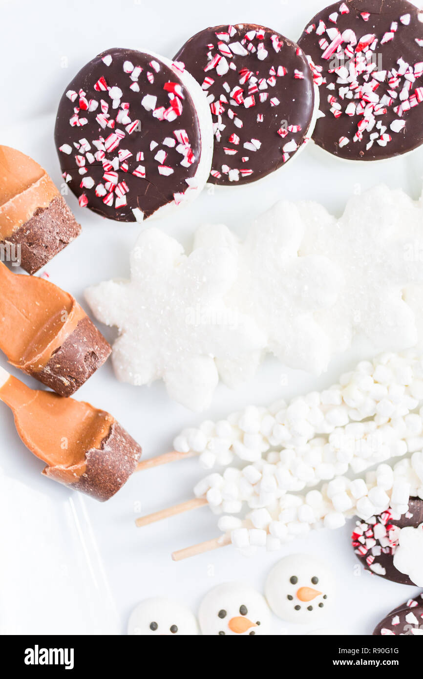 Close up view. Variety of marshmallow toppings with peppermint and ...