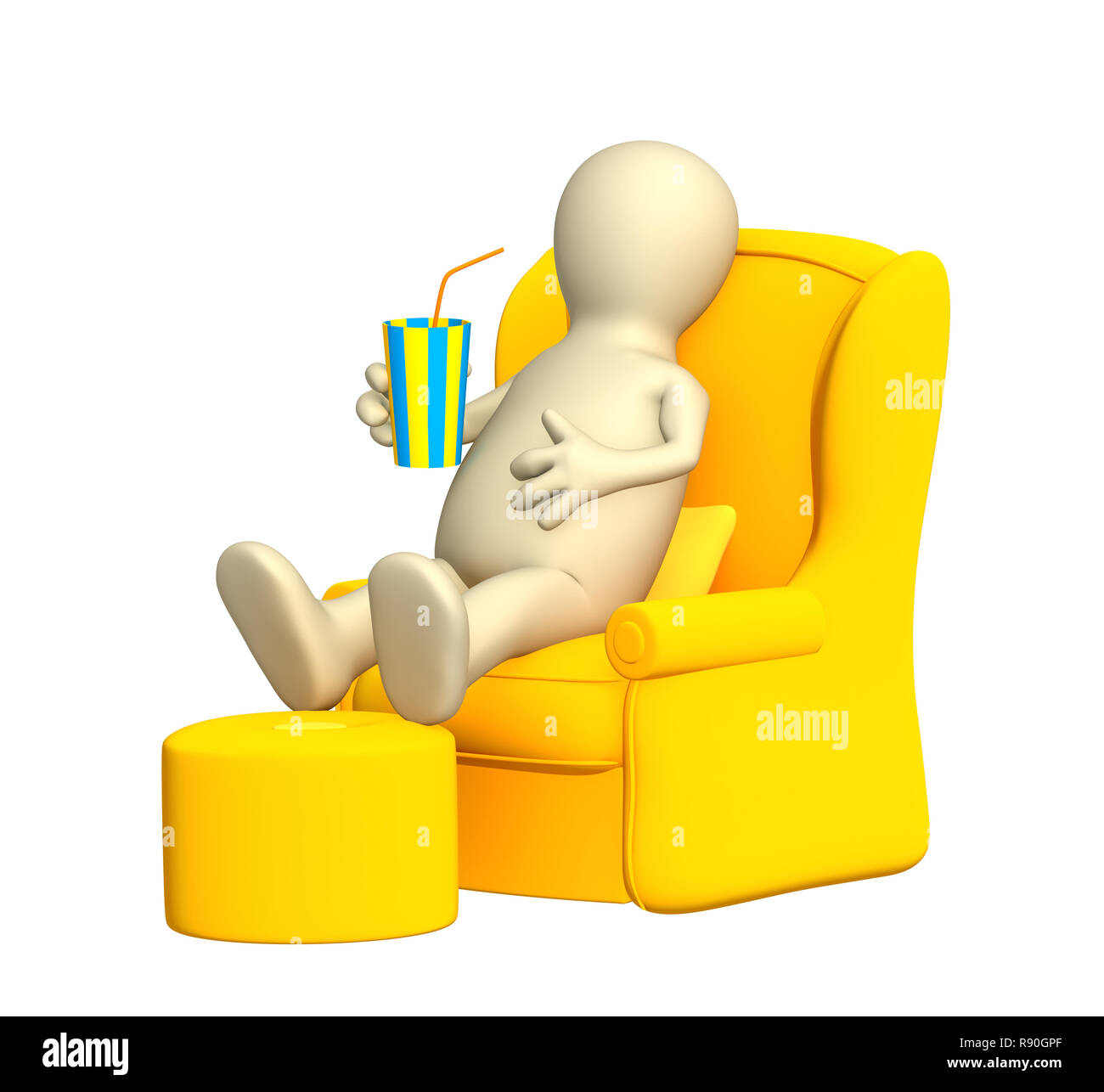 3d puppet, having a rest in a soft armchair. Objects over white Stock ...