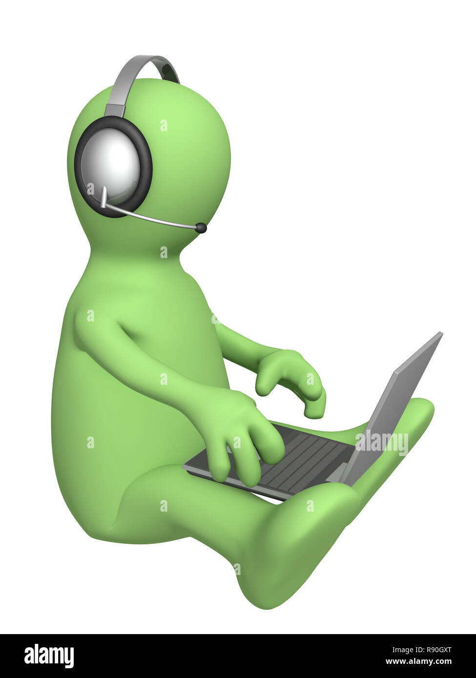 3d puppet, sitting with a laptop - dialogue in the Internet Stock Photo ...