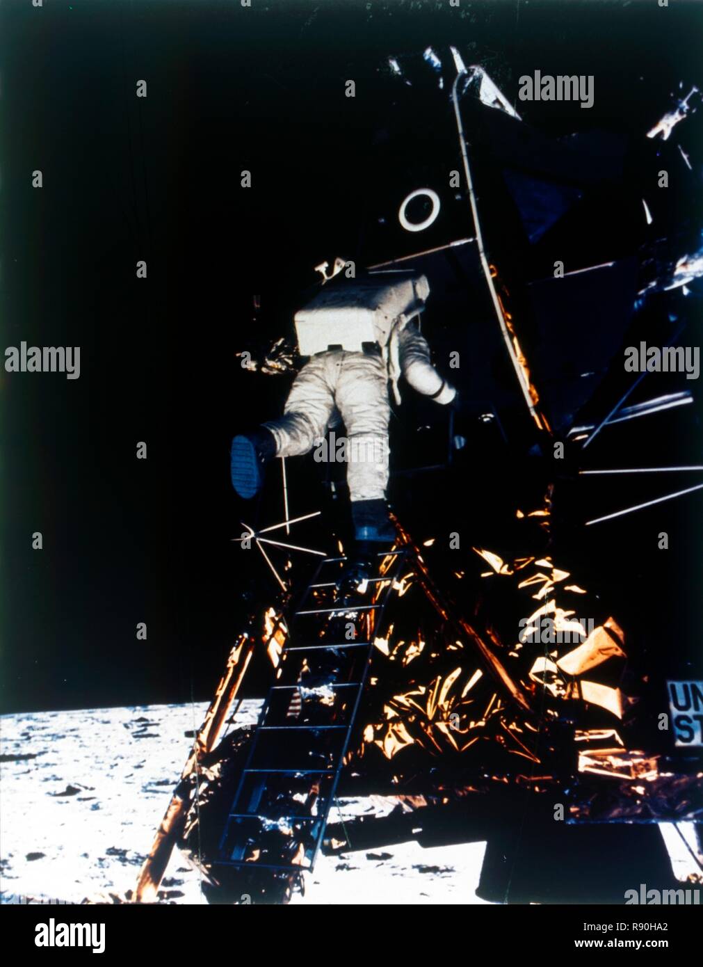 Buzz Aldrin descends from the Lunar Module, Apollo II mission, July 1969. Creator: Neil ...
