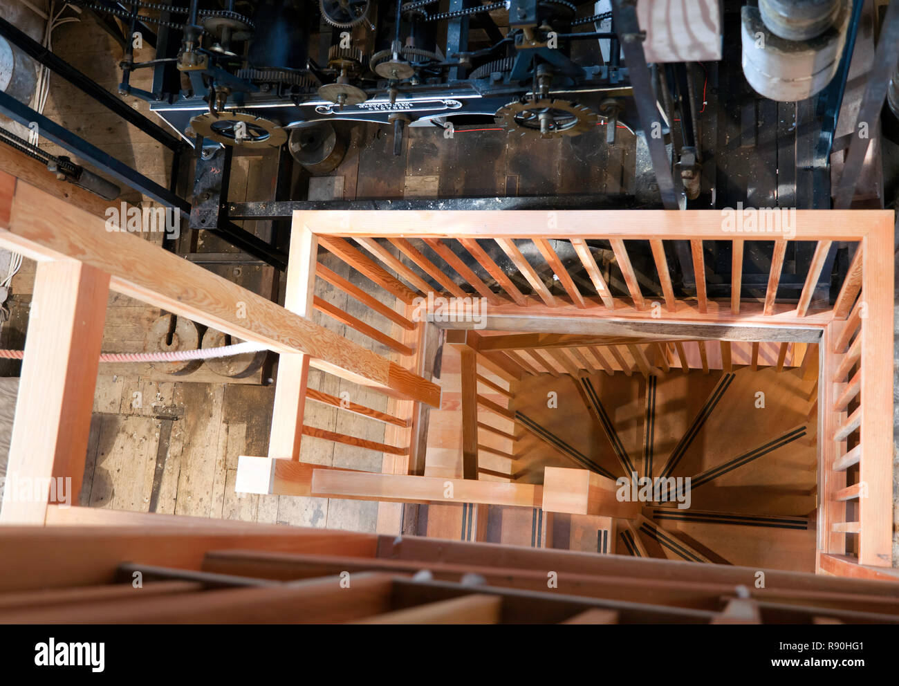 Looking down inside the Bell tower of St Peters Church, Sandwich, Kent ...