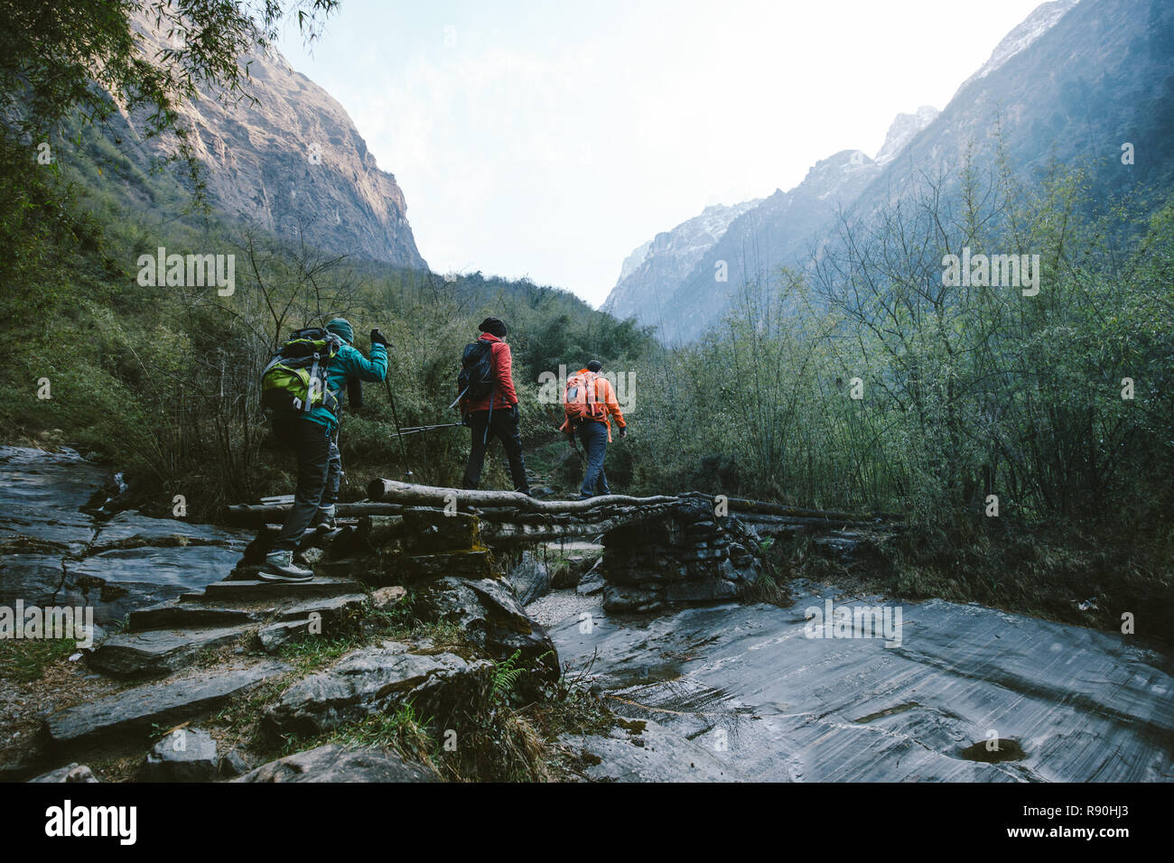 Hiking the Himalayas. Hikers crossing the bridge over mountain stream ...