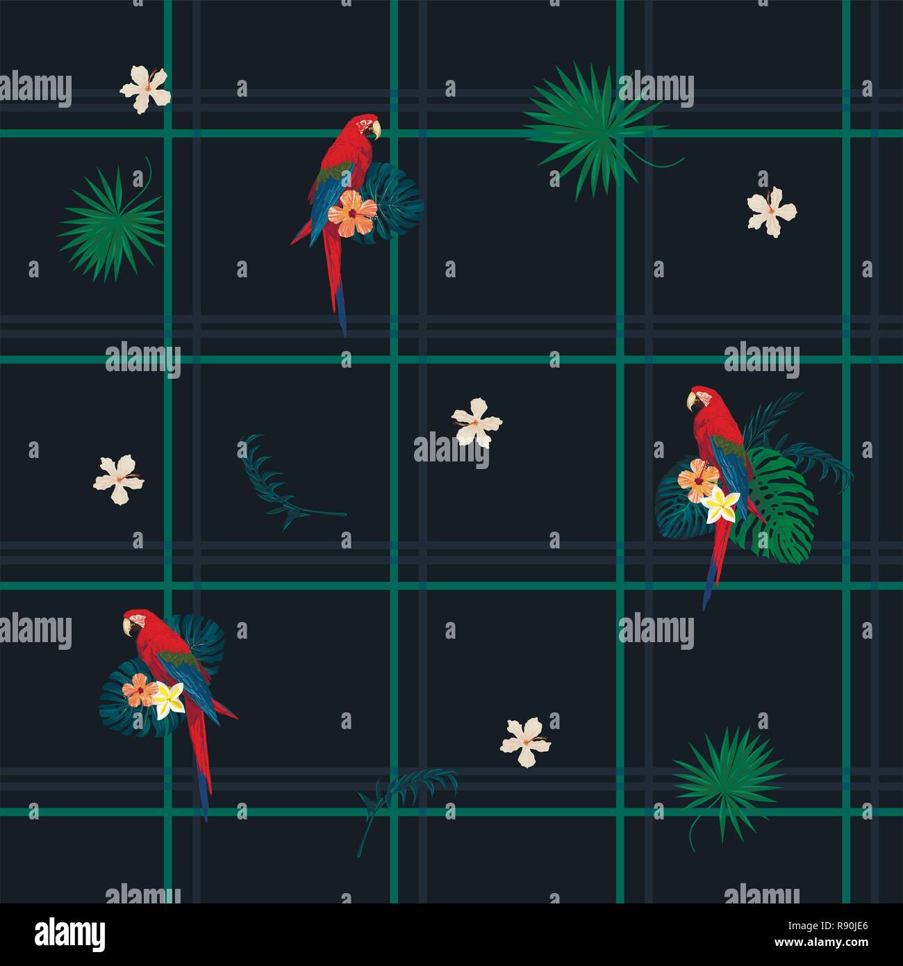 Seamless vecor exotic geometrical pattern with cells, parrots, flowers ...