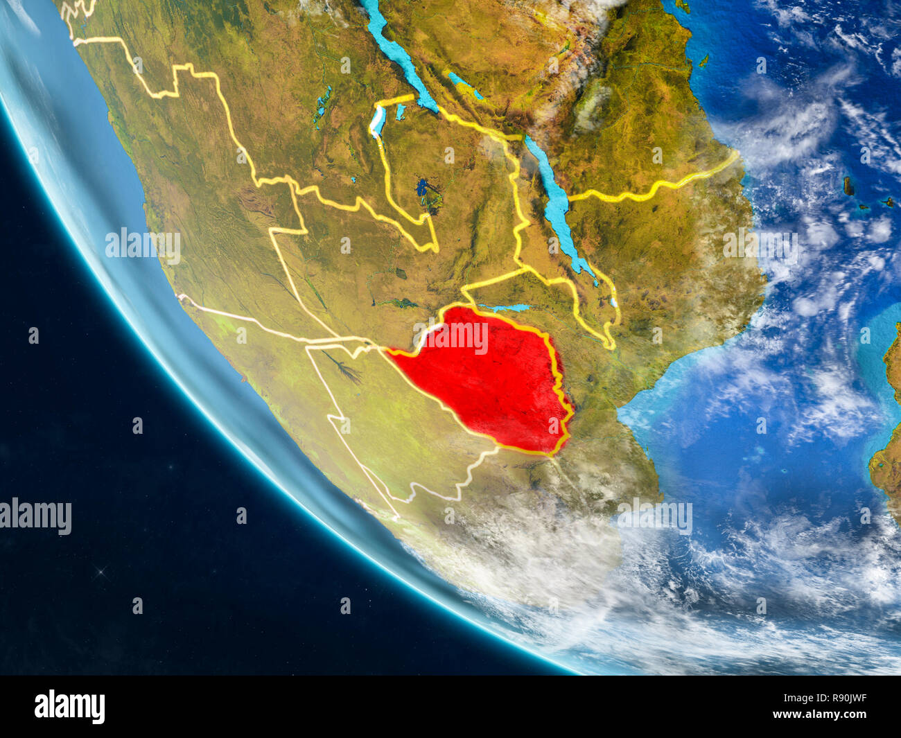 Zimbabwe on planet Earth from space with country borders. Very fine ...