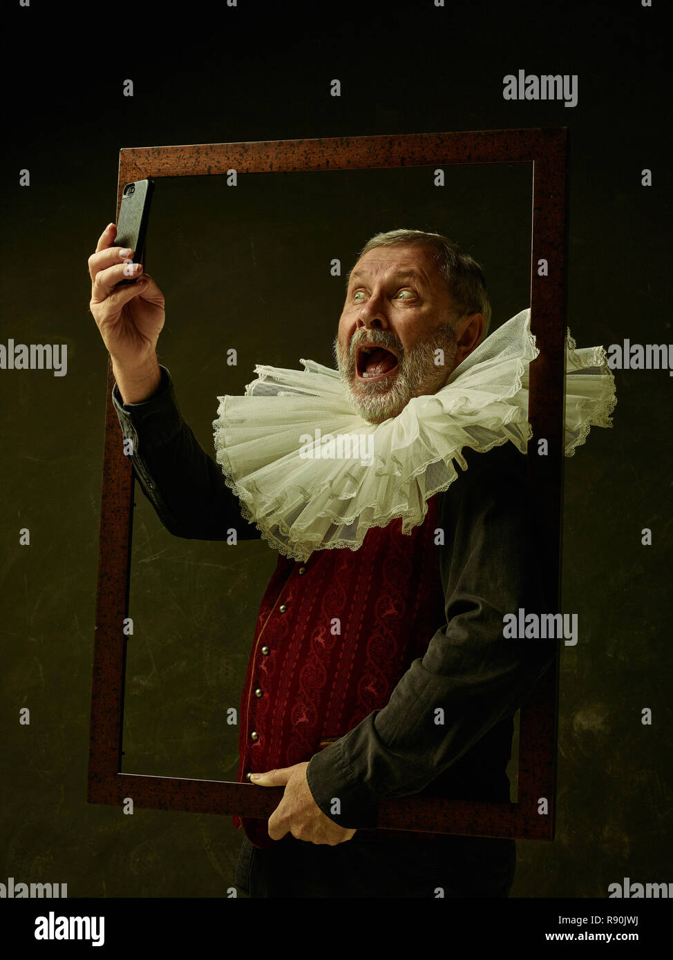 Official portrait of historical governor man with mobile phone from the ...