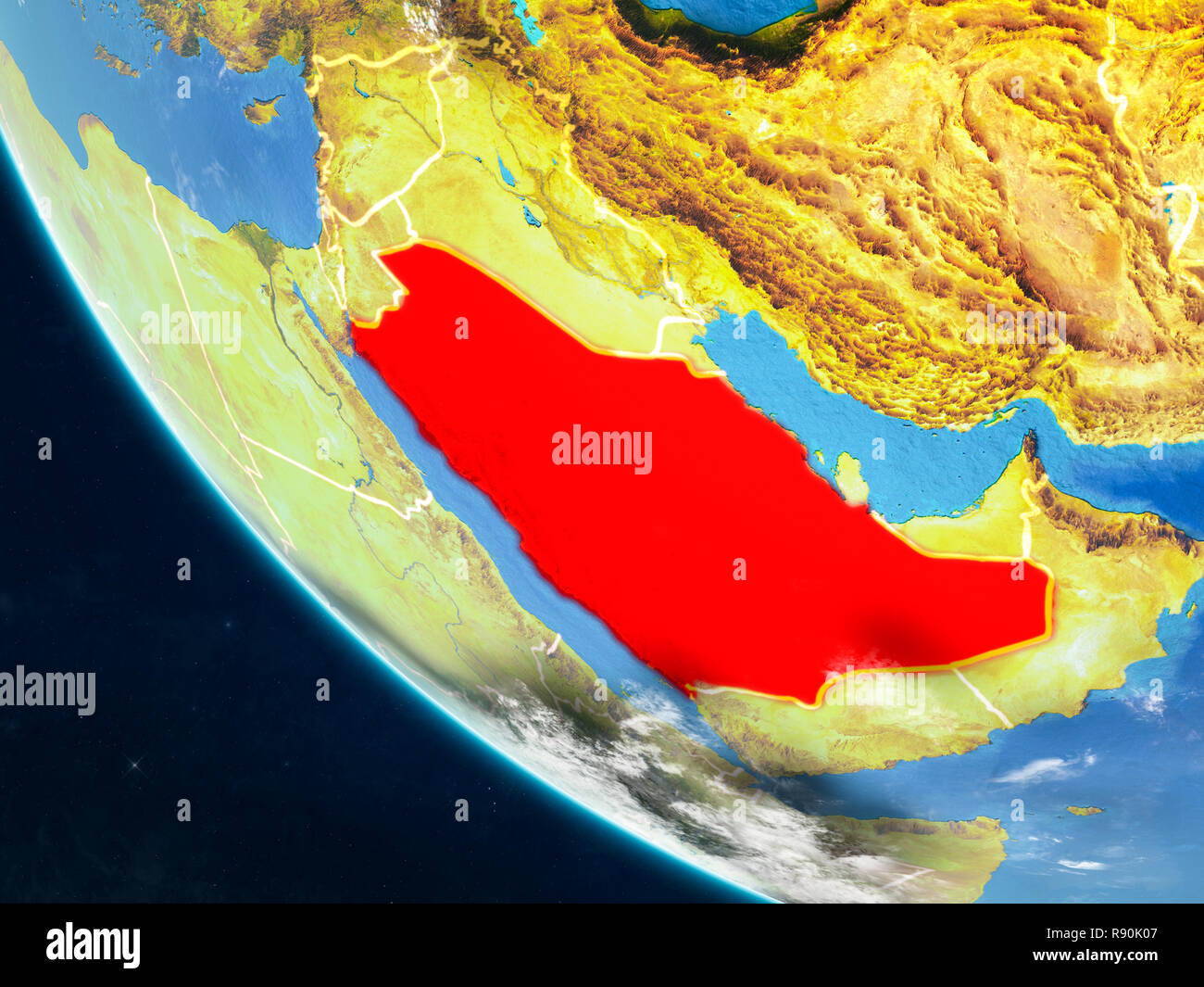 Saudi Arabia on planet Earth from space with country borders. Very fine ...