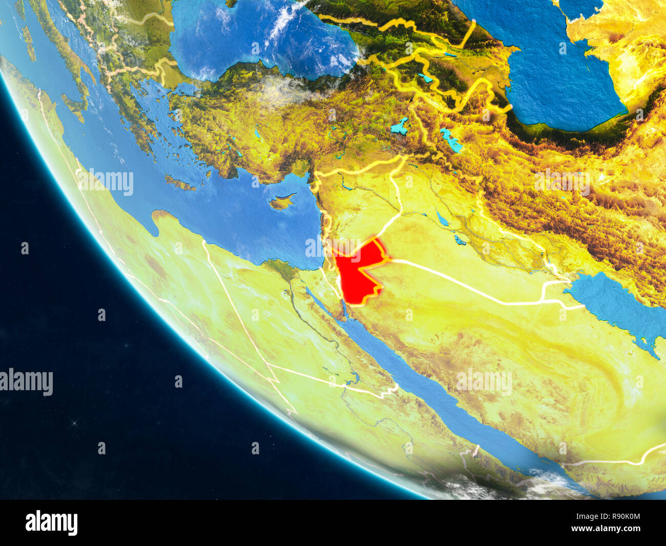 Jordan on planet Earth from space with country borders. Very fine ...