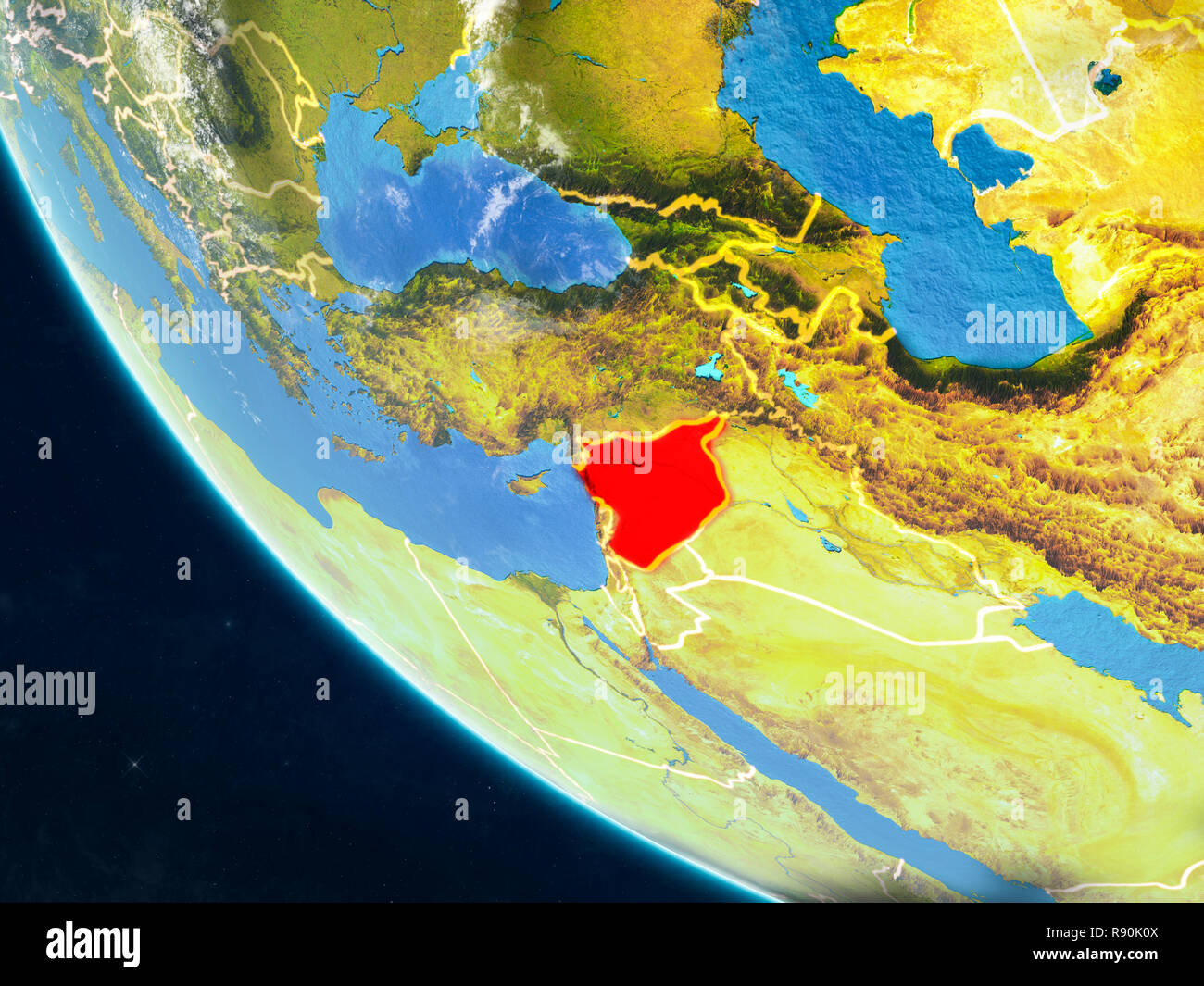Syria on planet Earth from space with country borders. Very fine detail ...