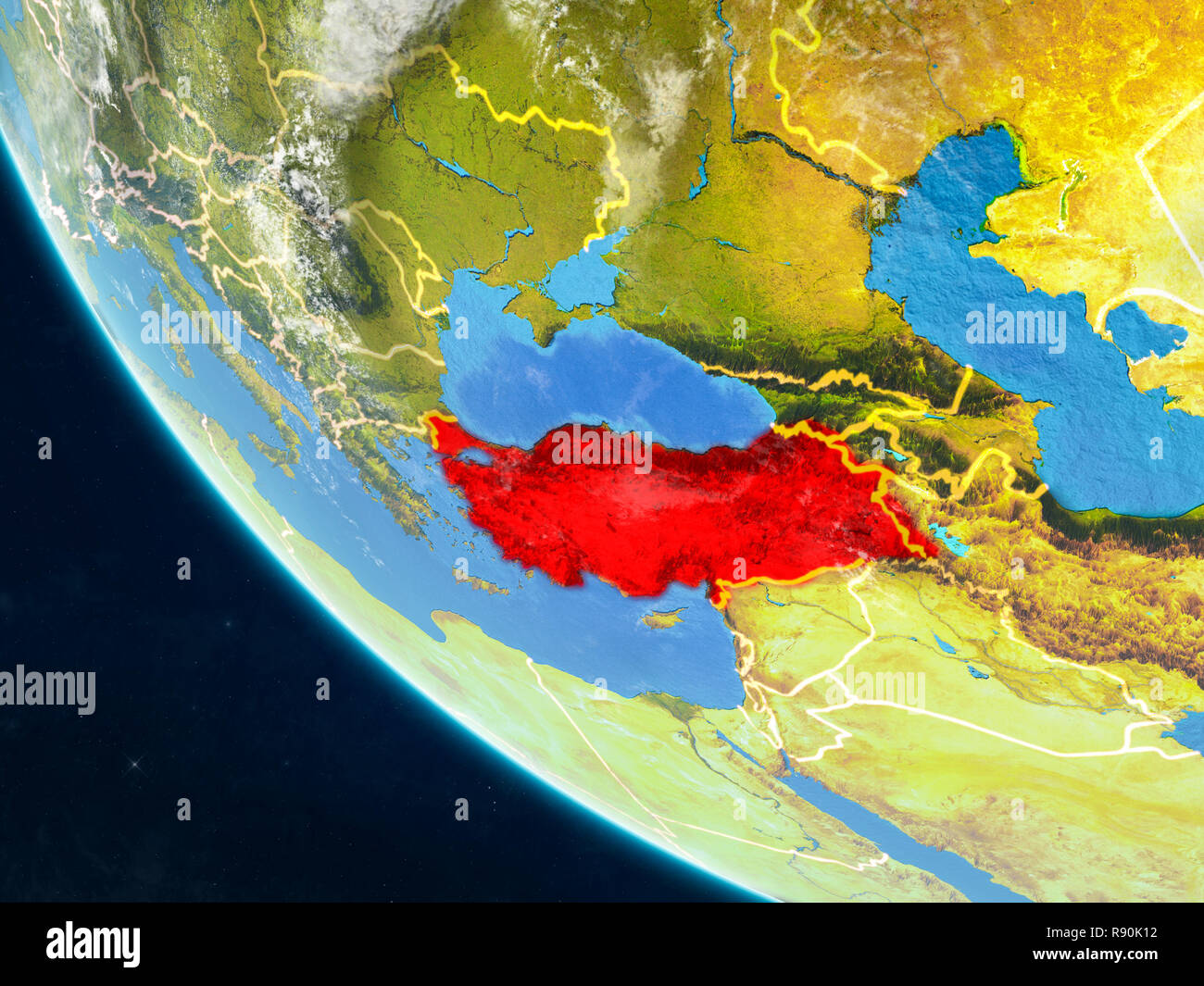 Turkey on planet Earth from space with country borders. Very fine ...