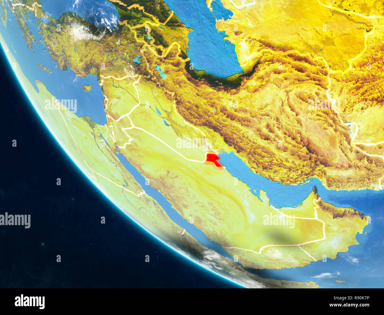 Kuwait on planet Earth from space with country borders. Very fine ...