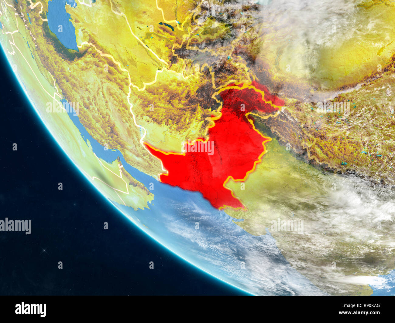 Pakistan on planet Earth from space with country borders. Very fine ...