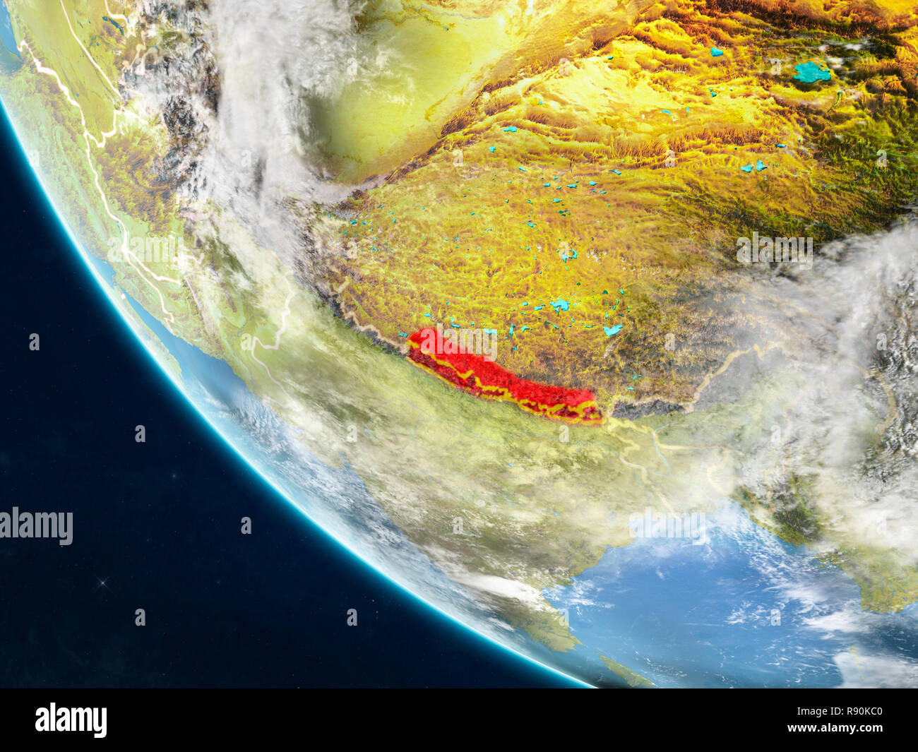Nepal on planet Earth from space with country borders. Very fine detail ...