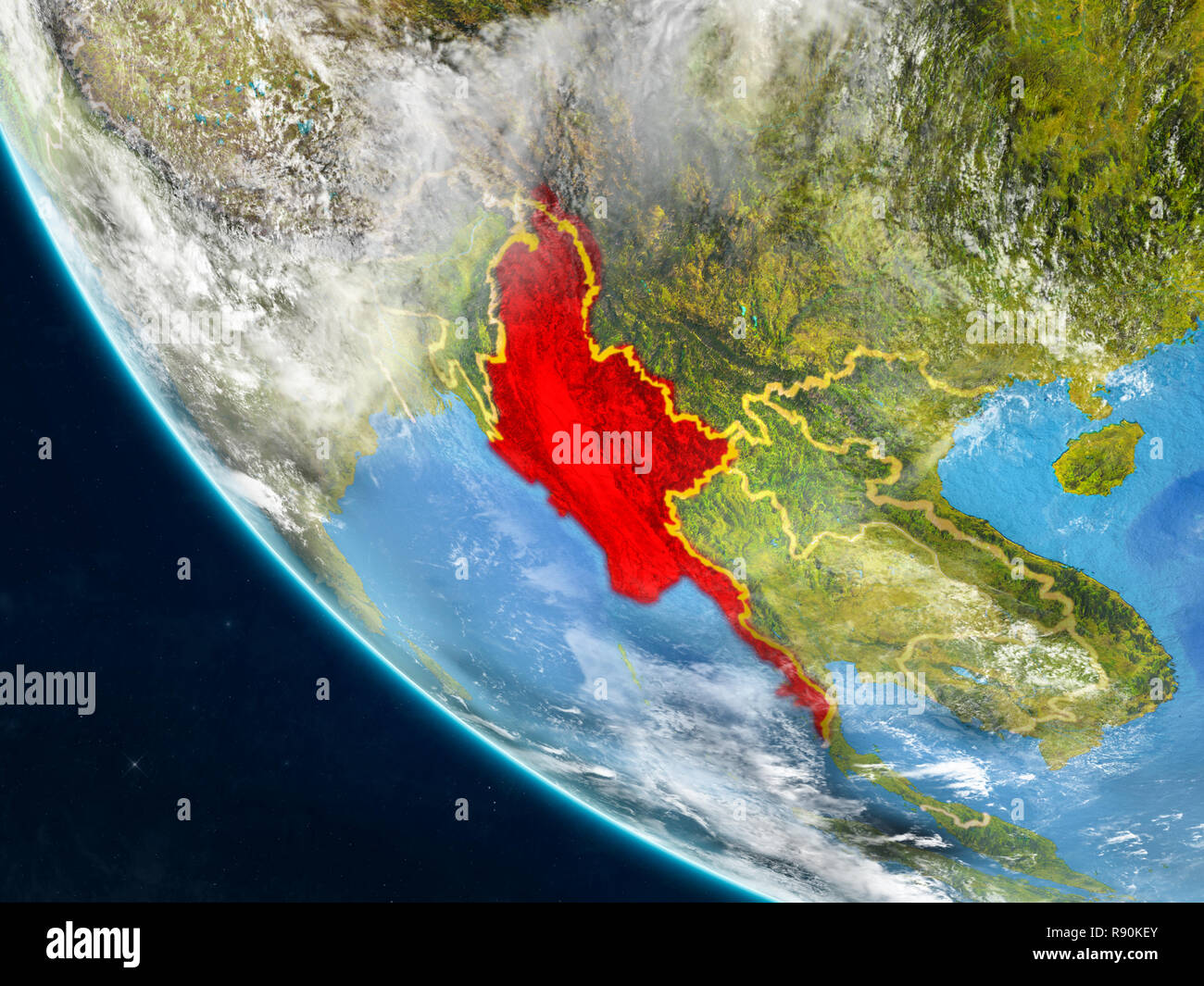 Myanmar on planet Earth from space with country borders. Very fine ...