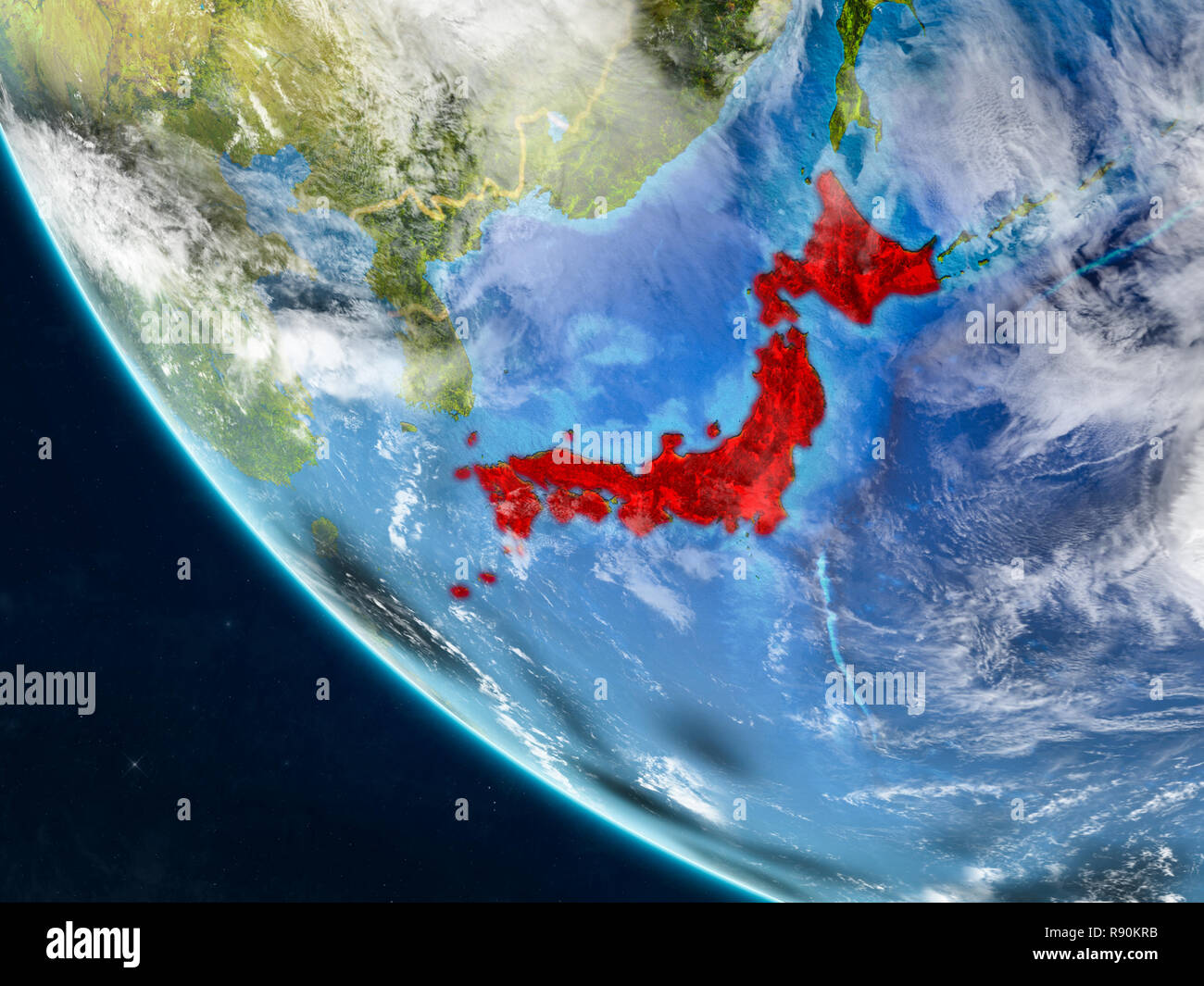 Japan on planet Earth from space with country borders. Very fine detail ...