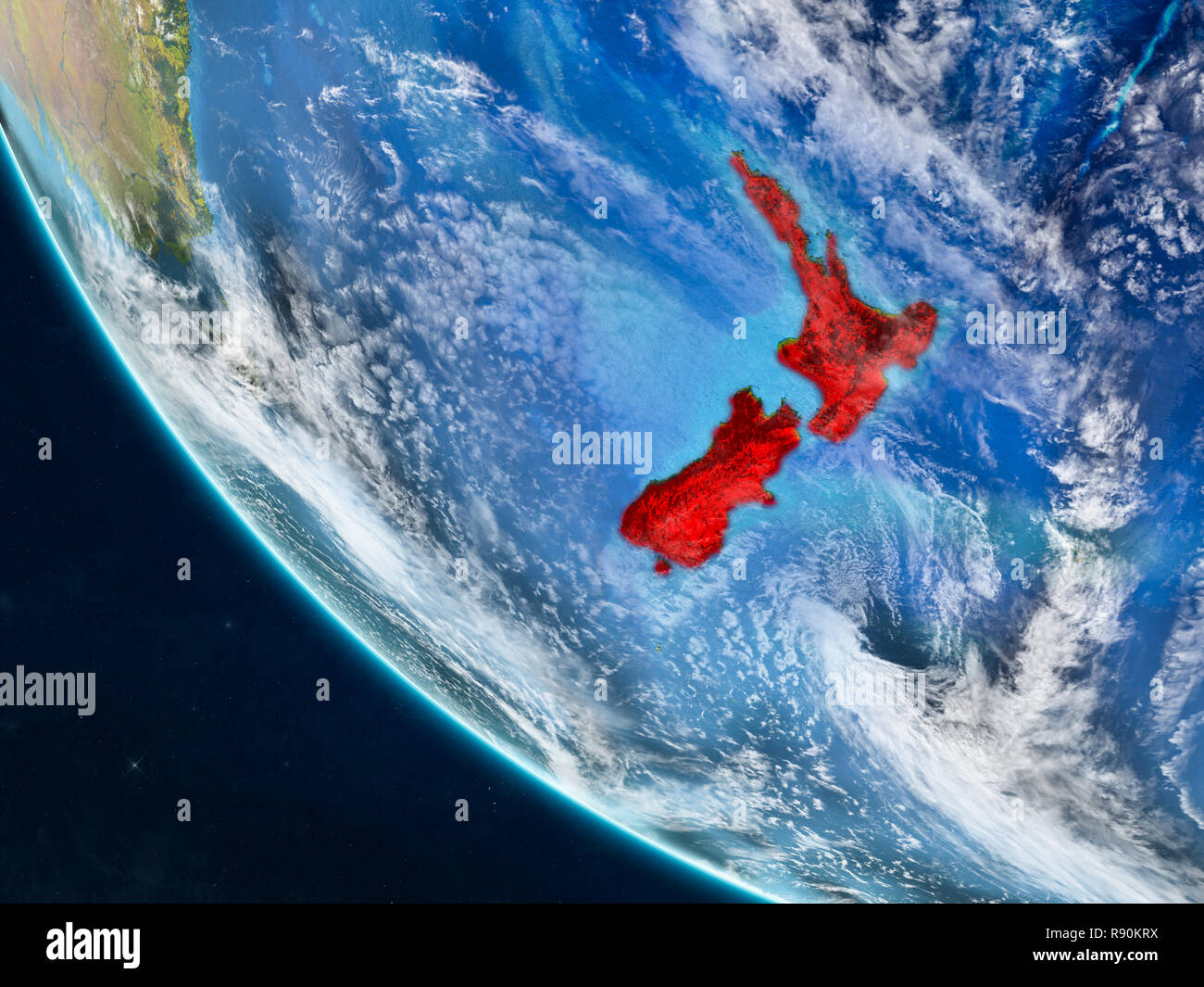 New Zealand on planet Earth from space with country borders. Very fine ...