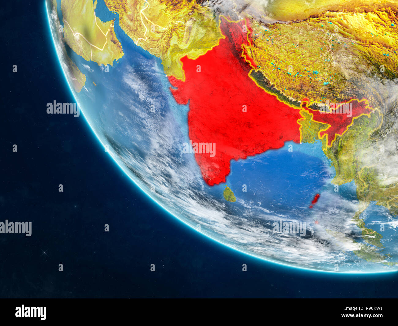 India on planet Earth from space with country borders. Very fine detail ...
