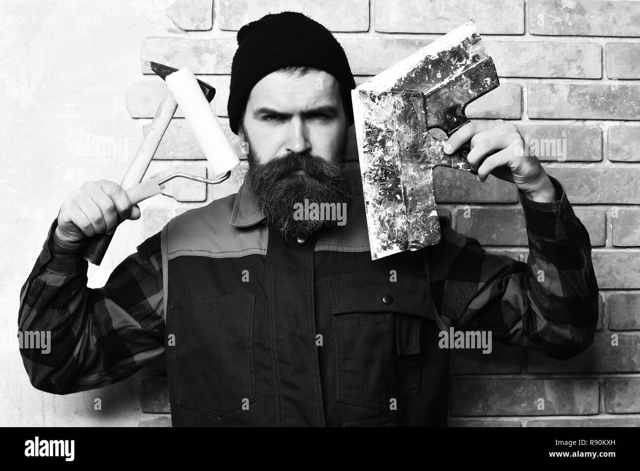 bearded builder man, long beard, brutal caucasian hipster with ...