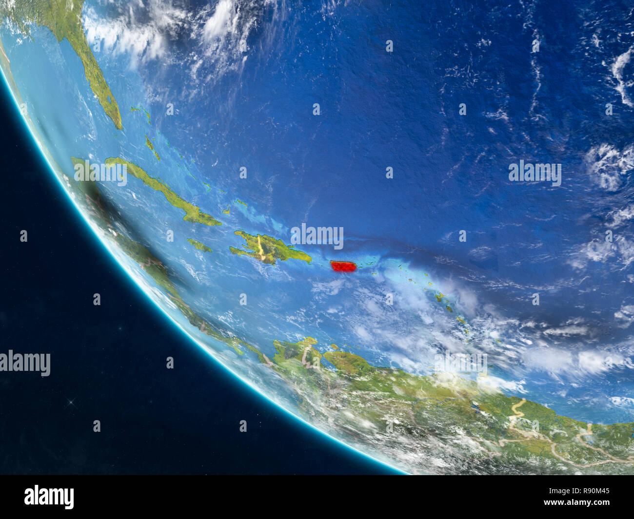 Puerto Rico on planet Earth from space with country borders. Very fine ...