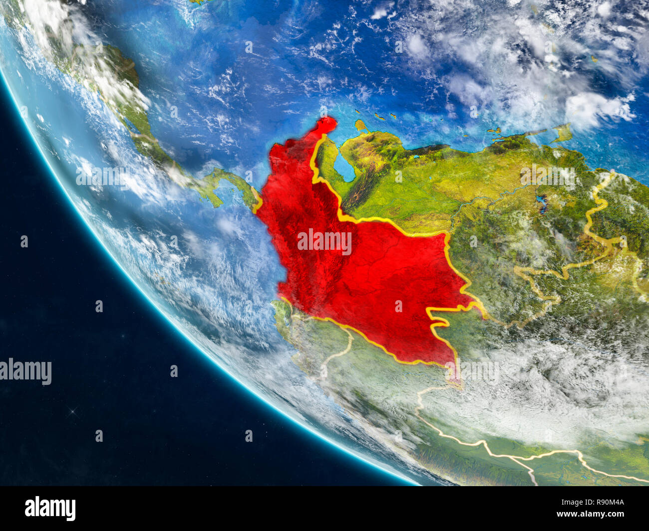 Colombia on planet Earth from space with country borders. Very fine ...