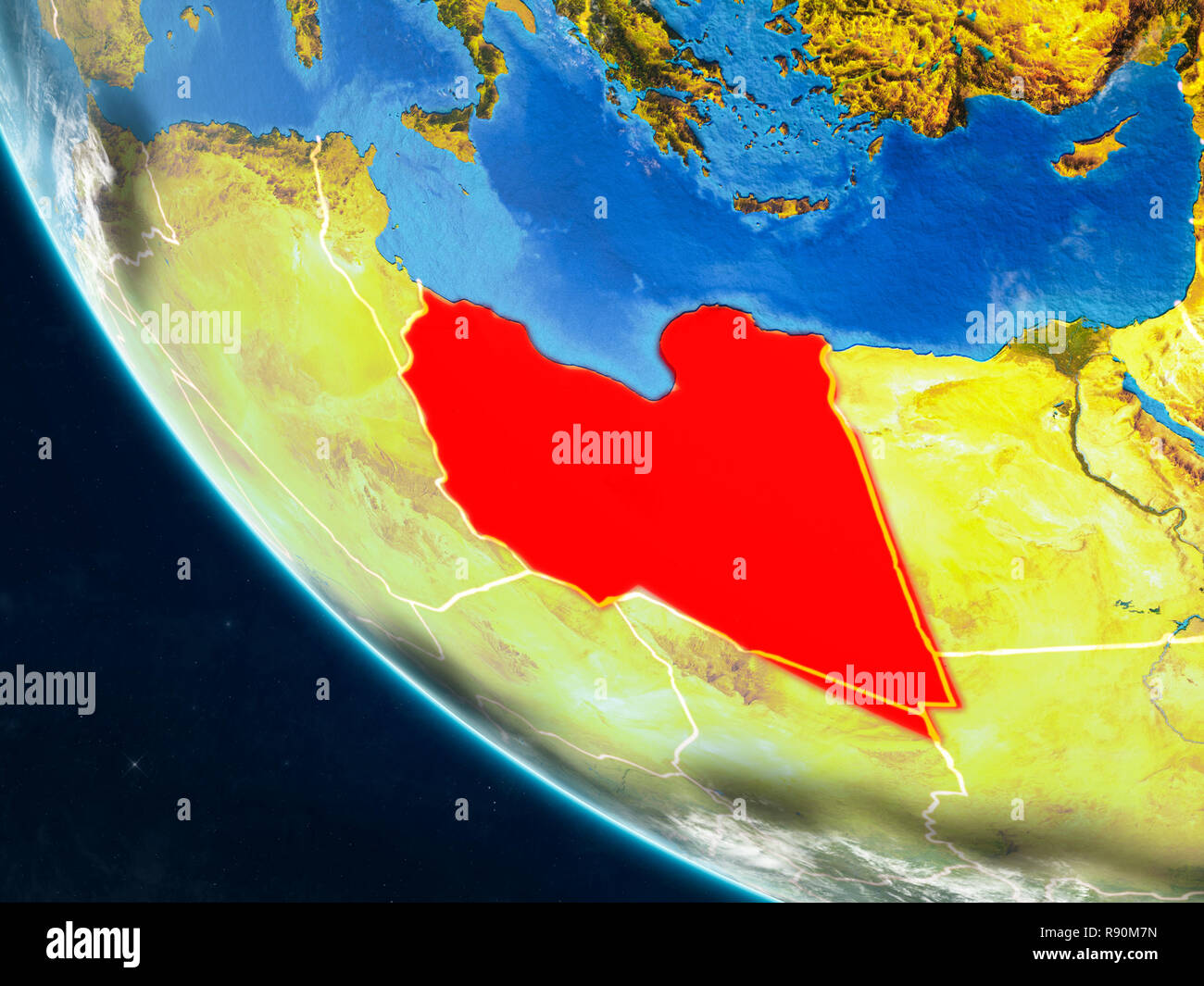 Libya on planet Earth from space with country borders. Very fine detail ...