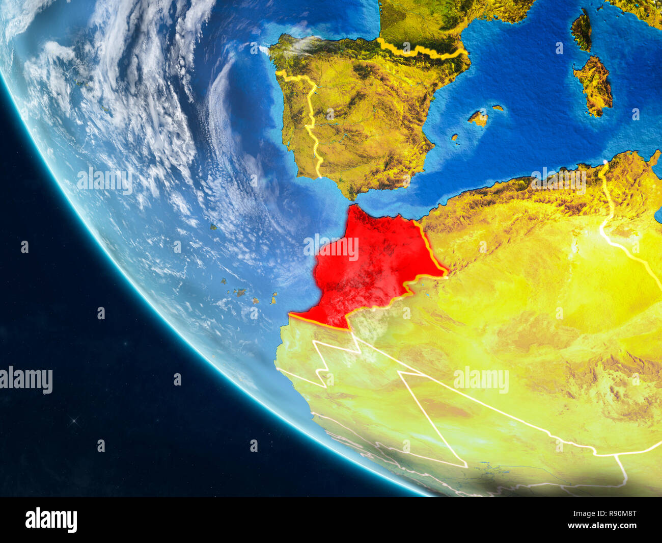 Morocco on planet Earth from space with country borders. Very fine ...