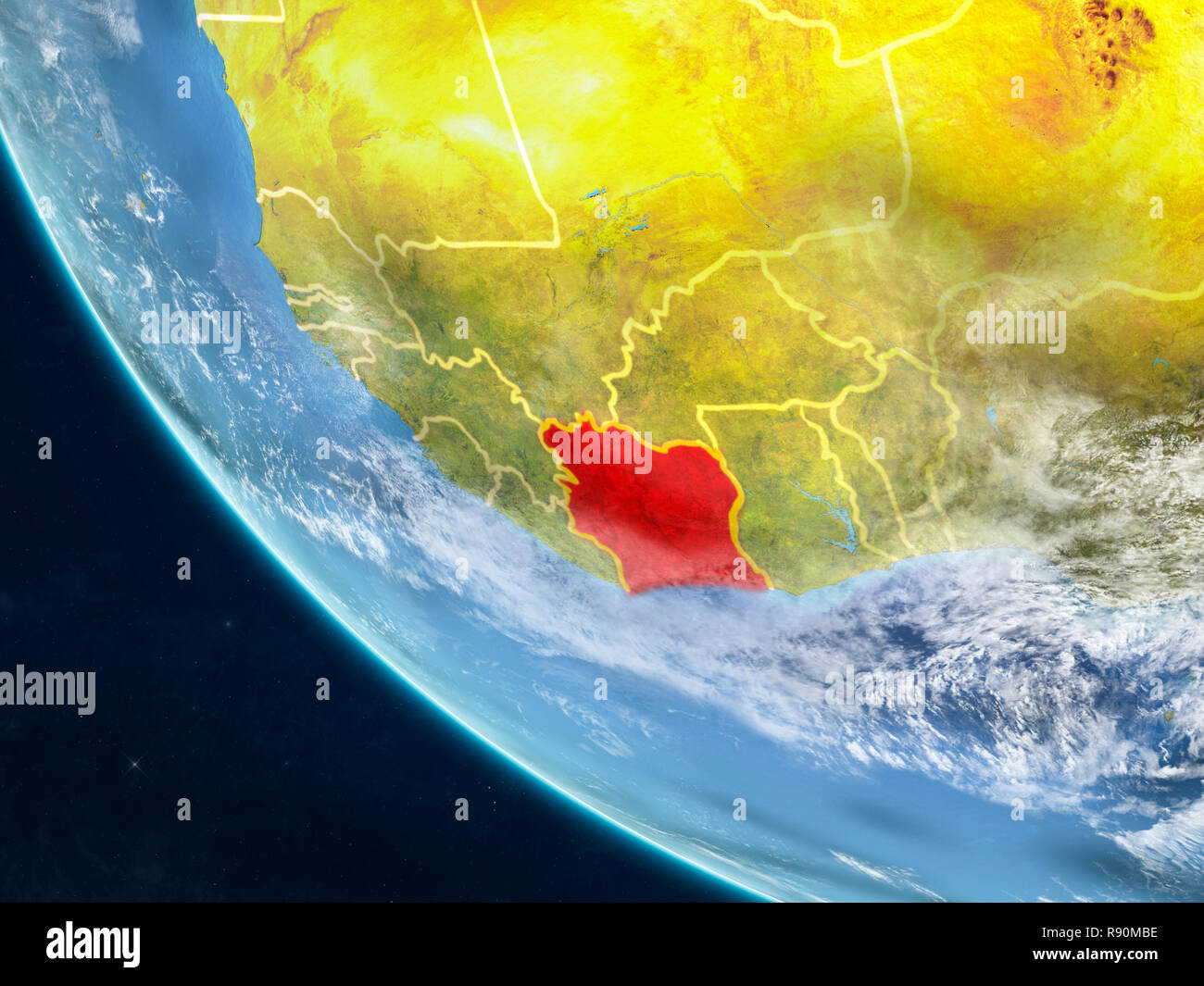 Ivory Coast on planet Earth from space with country borders. Very fine ...