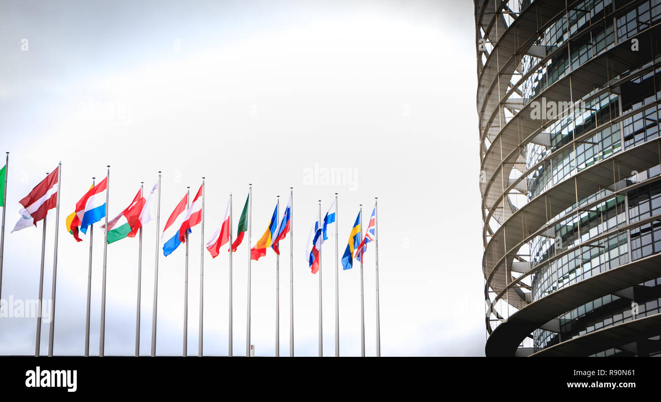strasbourg, France - december 28, 2017 - set of european flags in front ...