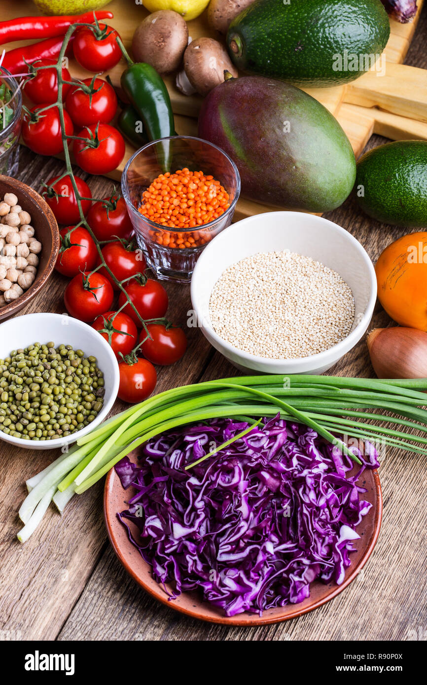 Healthy plant based vegan food. Variety of fresh vegetables, fruits ...