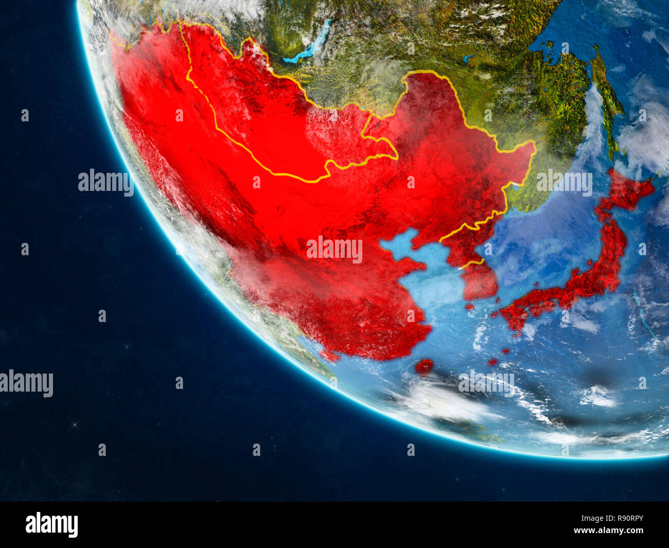 East Asia on planet Earth from space with country borders. Very fine ...