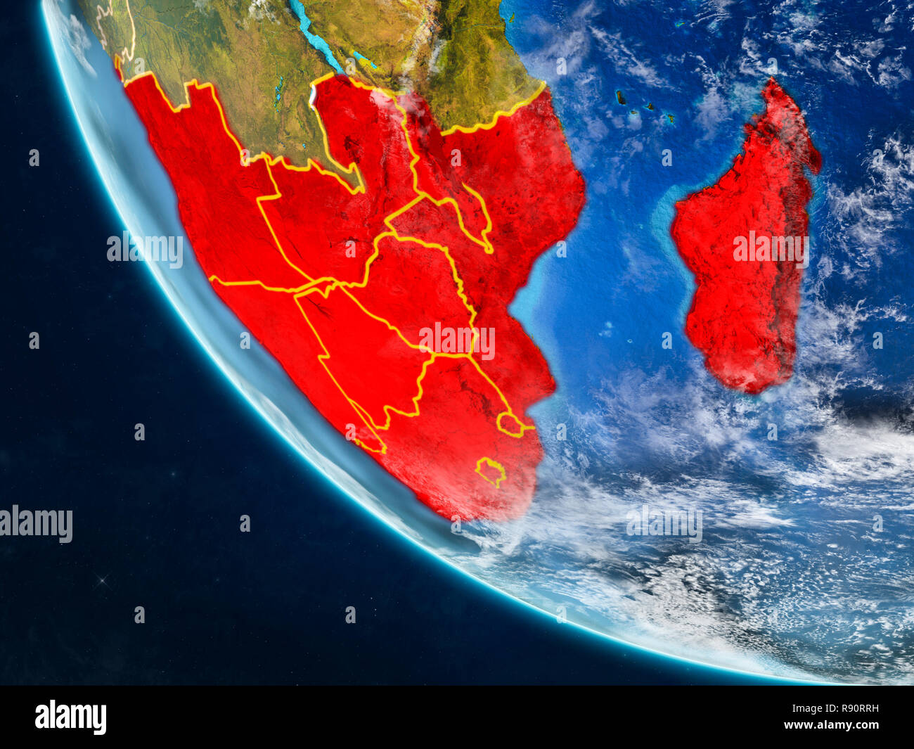 Southern Africa on planet Earth from space with country borders. Very ...
