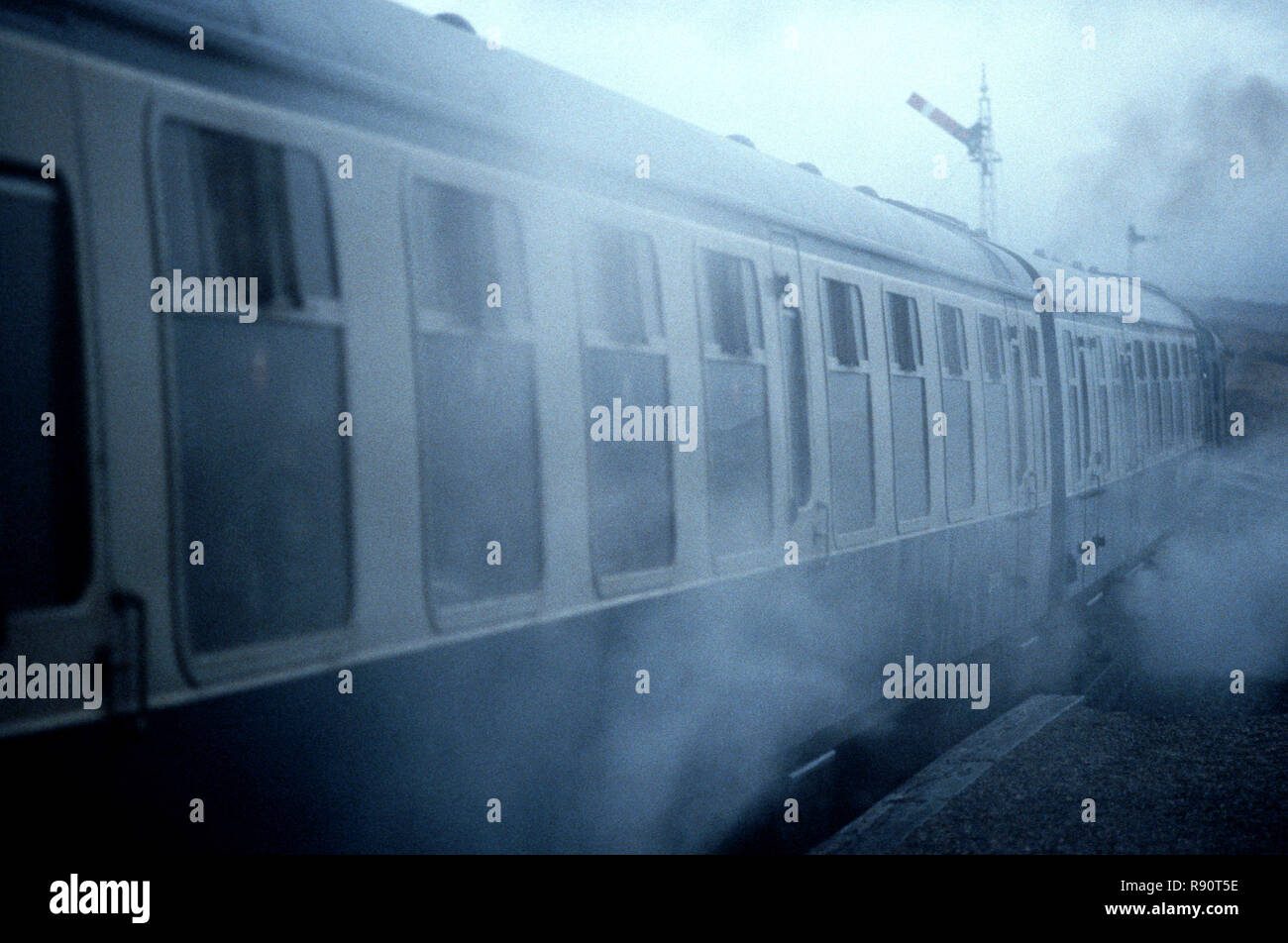 Diesel train at Rannoch Moor railway station on the British Rail ...