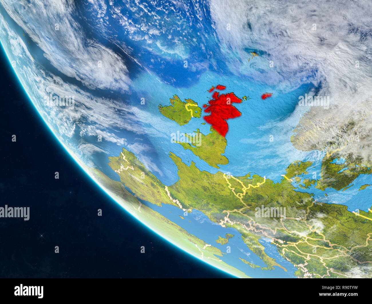 Scotland on planet Earth from space with country borders. Very fine ...