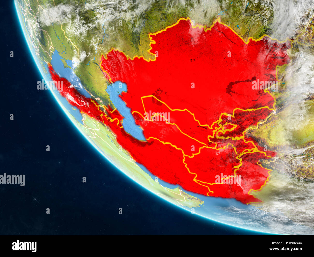 ECO member states on planet Earth from space with country borders. Very ...