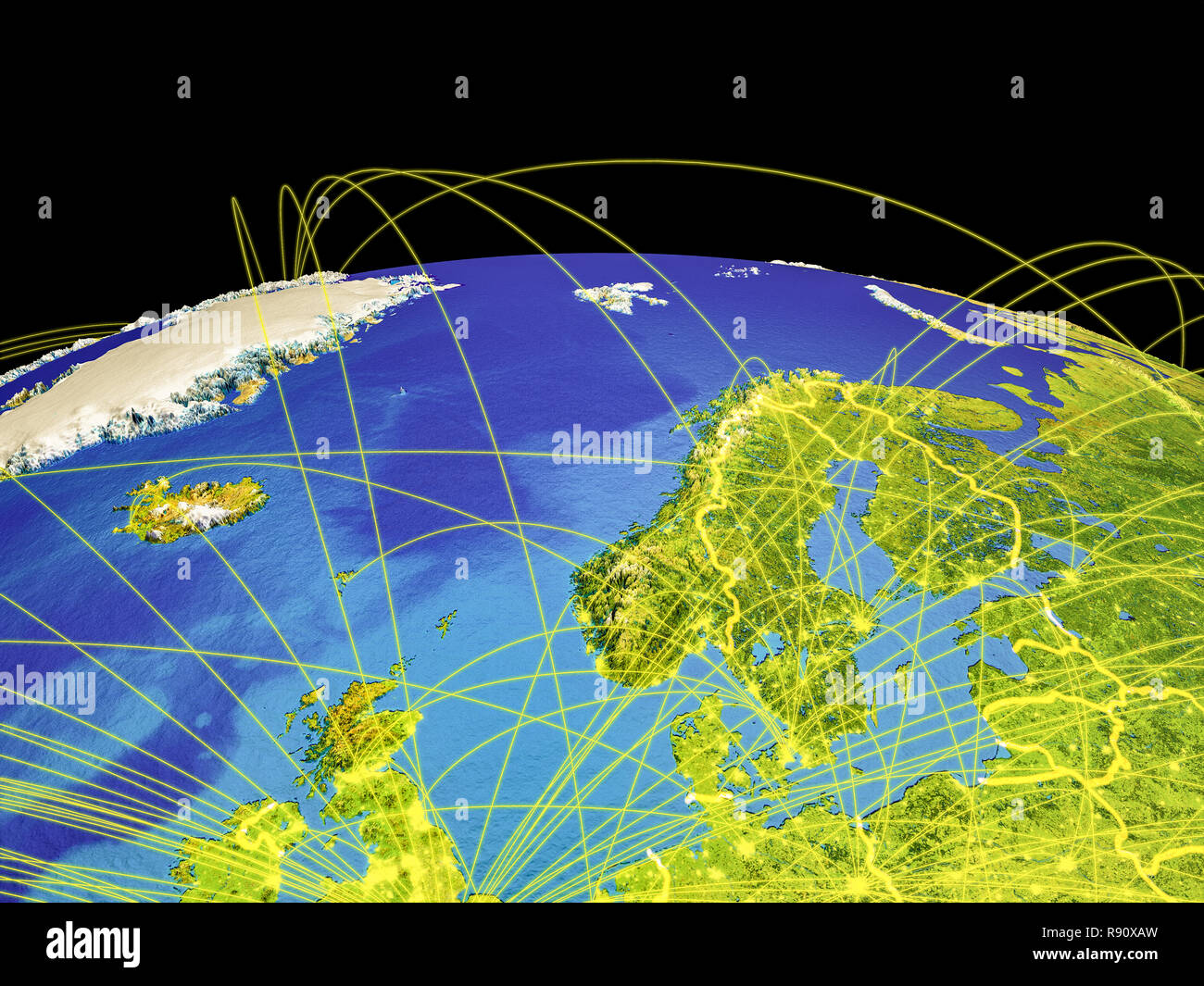 Northern Europe on planet Earth with country borders and trajectories ...